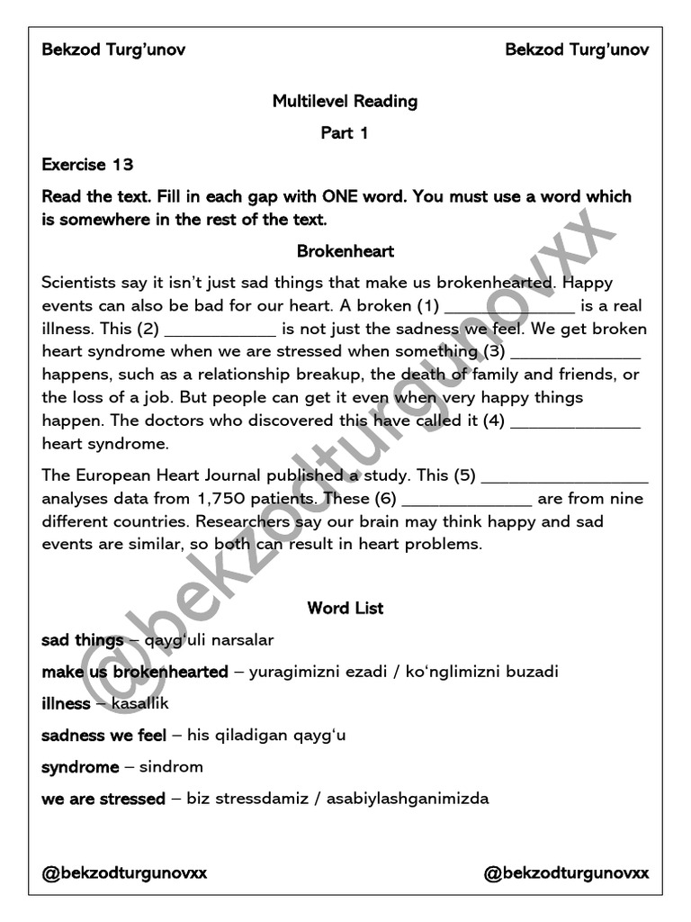 Multilevel Reading Part 1 Exercise 13 (Word List) | PDF