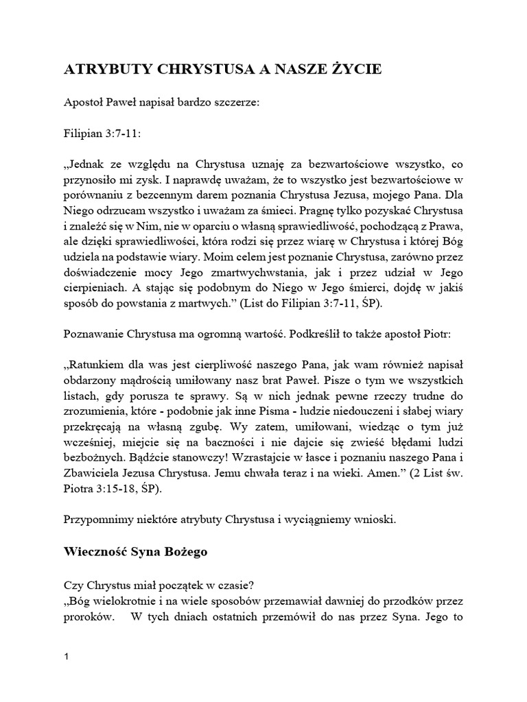 Atrybuty Chrystusa A Nasze Zycie | PDF