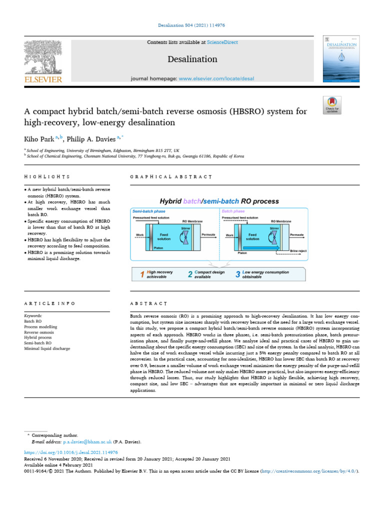 A Compact Hybrid Batch Semi Batch Reverse Osmosis HBSRO System for High ...