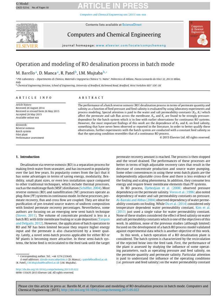 Operations and Modelling of RO Desalination Process in Batch Mode 2015 ...
