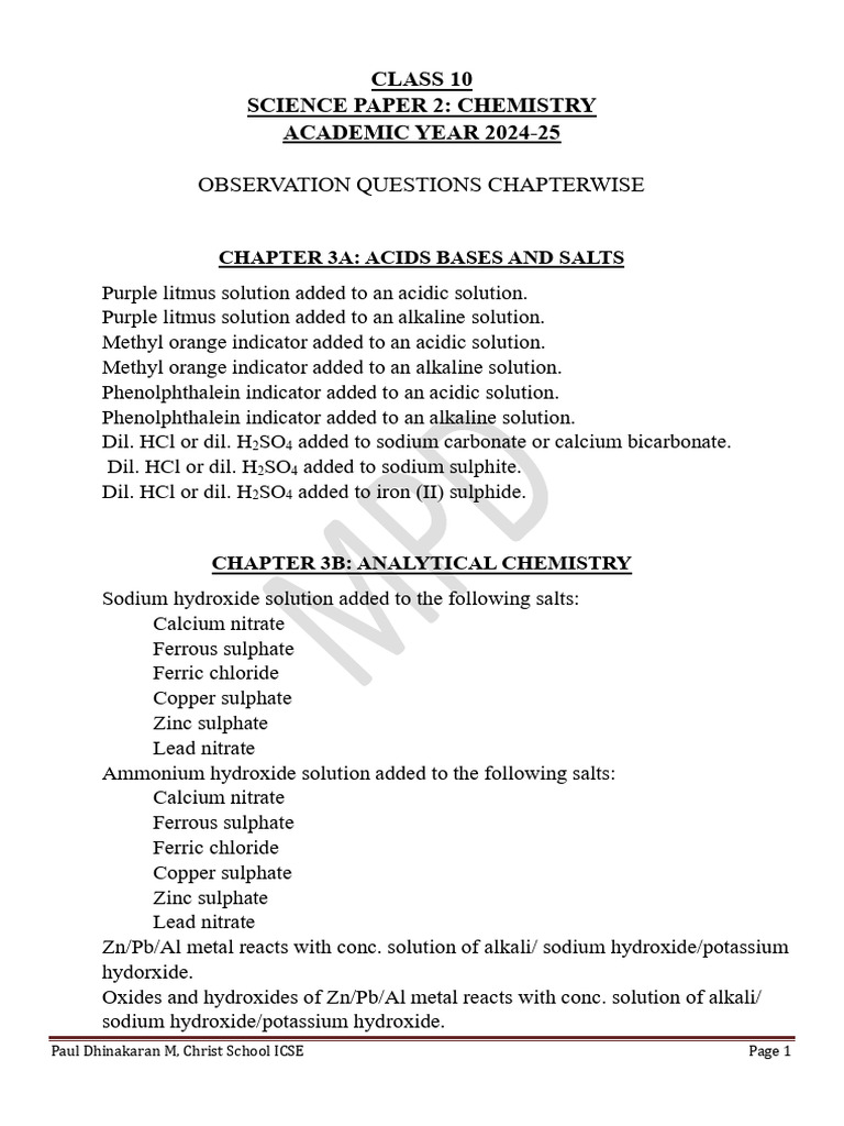 Observation Questions CLASS 10 | PDF | Hydroxide | Salt (Chemistry)