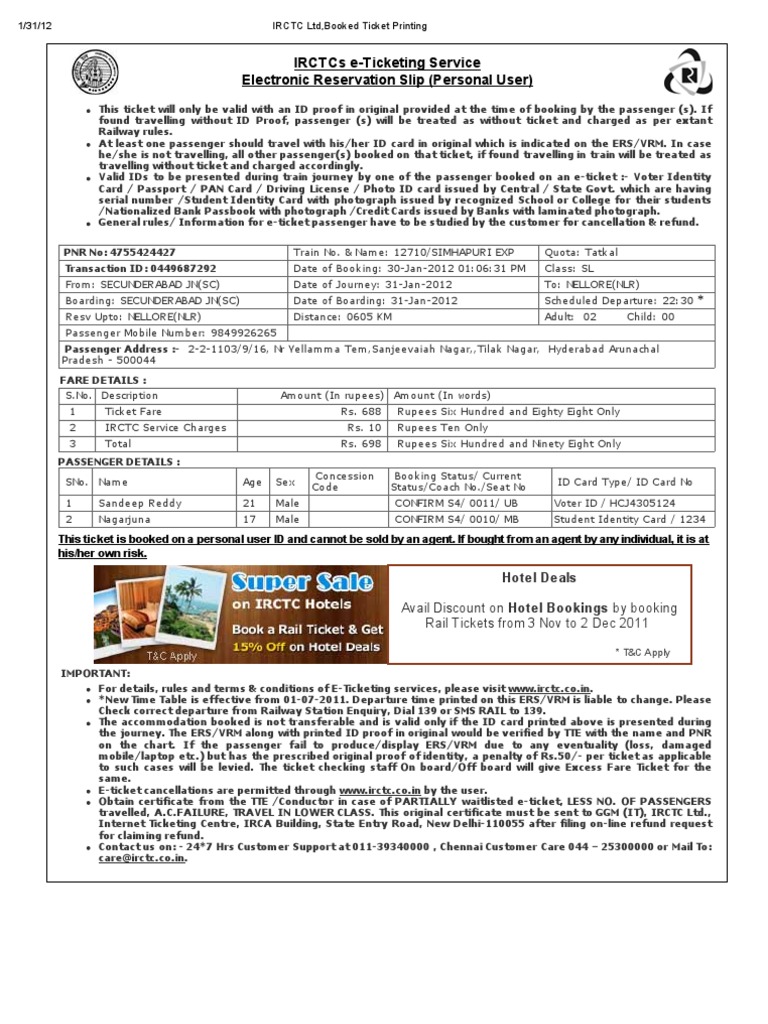 IRCTC E-Ticket Confirmation Details | PDF | Identity Document | Ticket ...