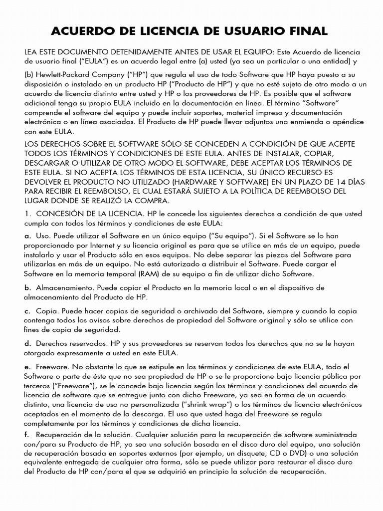 Acuerdo de Licencia de Usuario Final - ES 355096-031 | PDF | Software | Hewlett Packard
