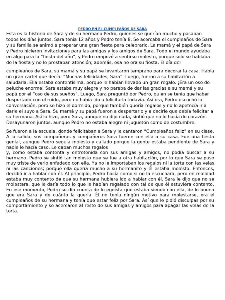 Pedro en El Cumpleaños de Sara | PDF | Cumpleaños