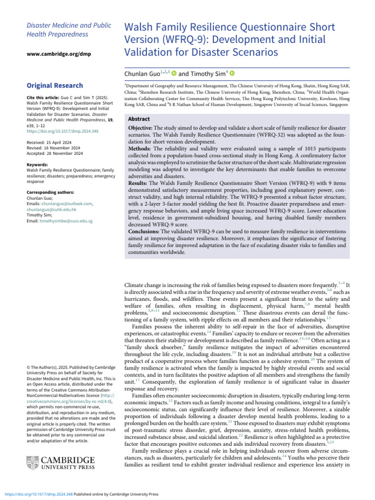 Walsh Family Resilience Questionnaire Short Version WFRQ 9 Development ...