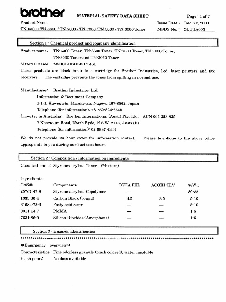 TN6300,6600,7300,7600,3030,3060 MSDS | PDF
