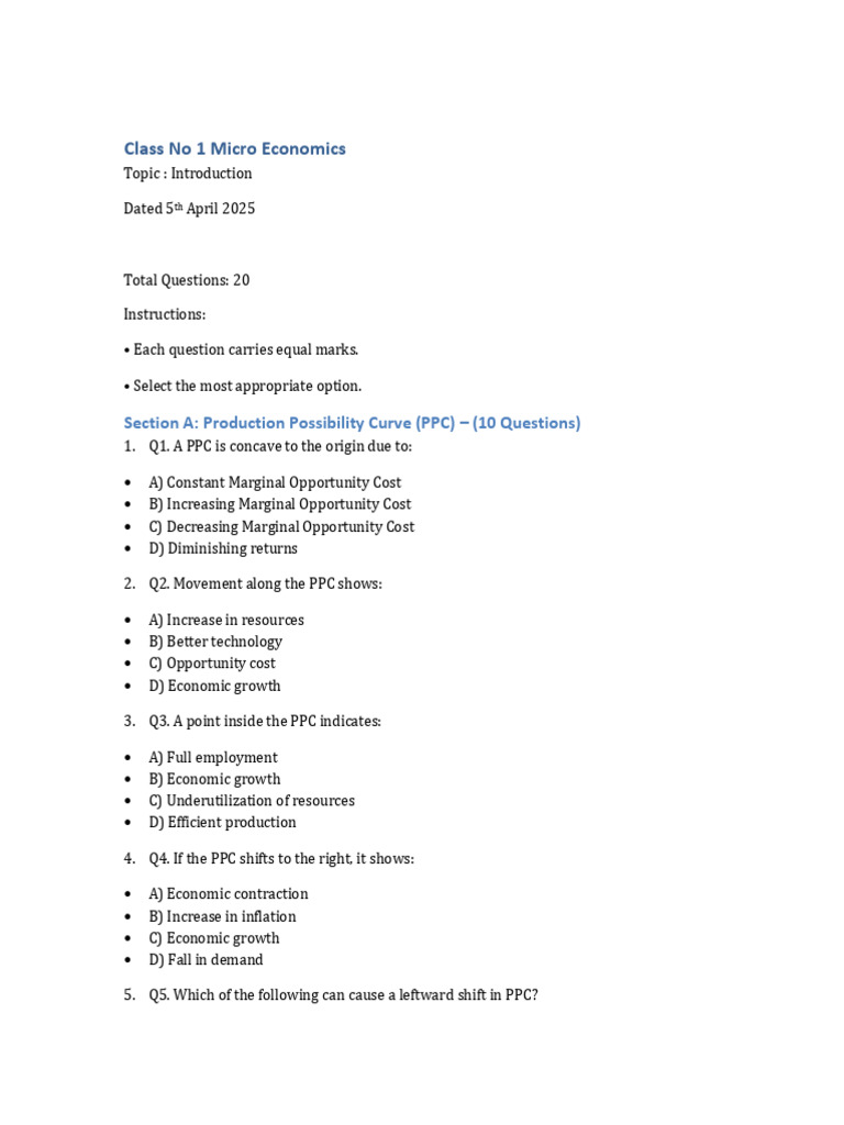 Microeconomics Quiz: PPC & Concepts | PDF | Economics | Opportunity Cost