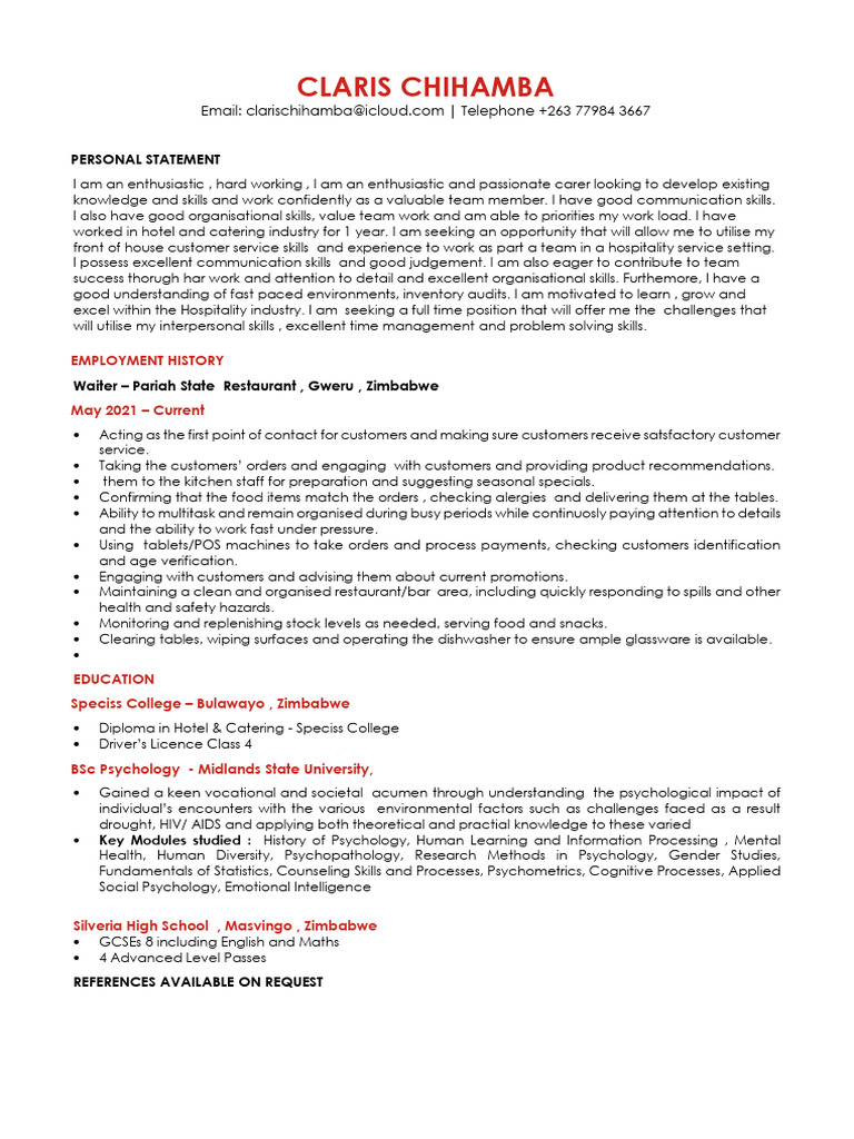 CLARIS CHIHAMBA CV | PDF | Psychology | Cognition