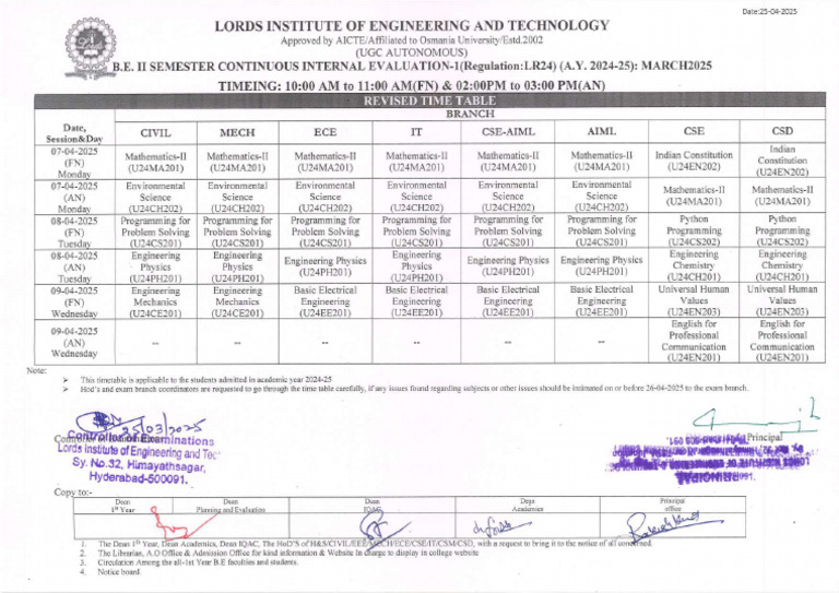 Revised Time Table For B.E II-SEM (LR24) (AUT) (A.Y.2024-25) CIE 1, MAR2025 | PDF
