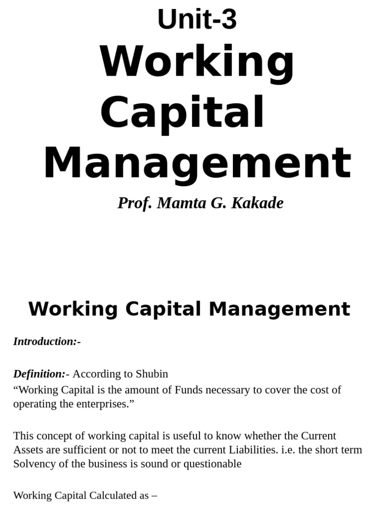 FM - Unit3 - Working Capital Management | PDF | Working Capital | Finance & Money Management
