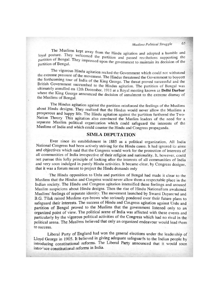 6 - Urdu Hindi Controversy 1867 - Partition of Bengal 1905 - Simla ...