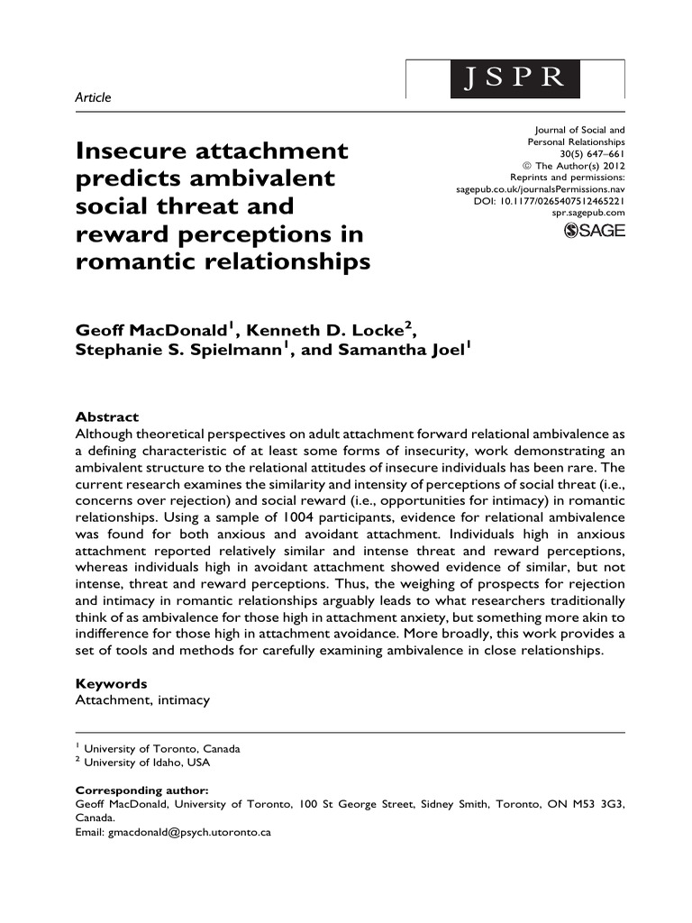 Insecure Attachment Predicts Ambivalent Social Threat and Reward Perceptions in Romantic ...