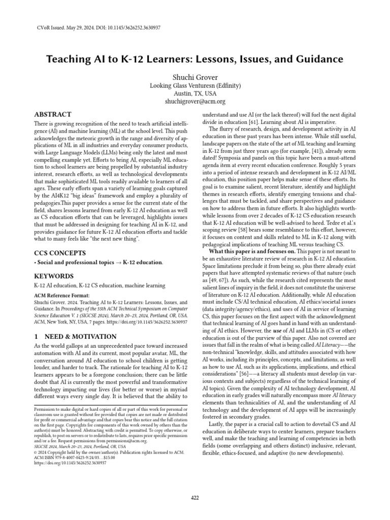 Teaching AI to K-12 Learners - Lessons, Issues, and Guidance | PDF ...