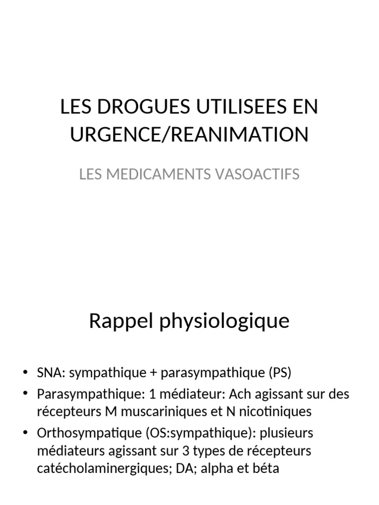 Les Drogues Utilisees en Urgence | PDF | Noradrénaline | Spécialités ...