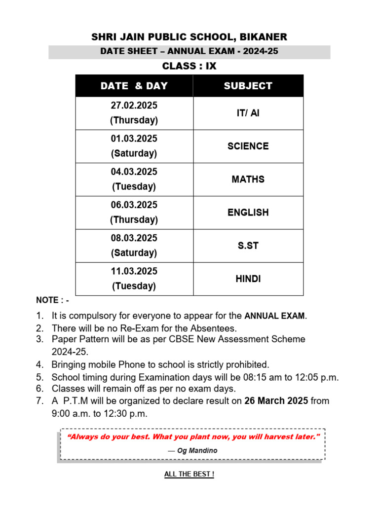 Ix Annual Exam Datesheet | PDF