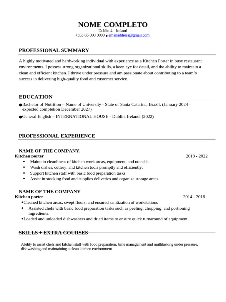 Kitchen Porter CV Example | PDF