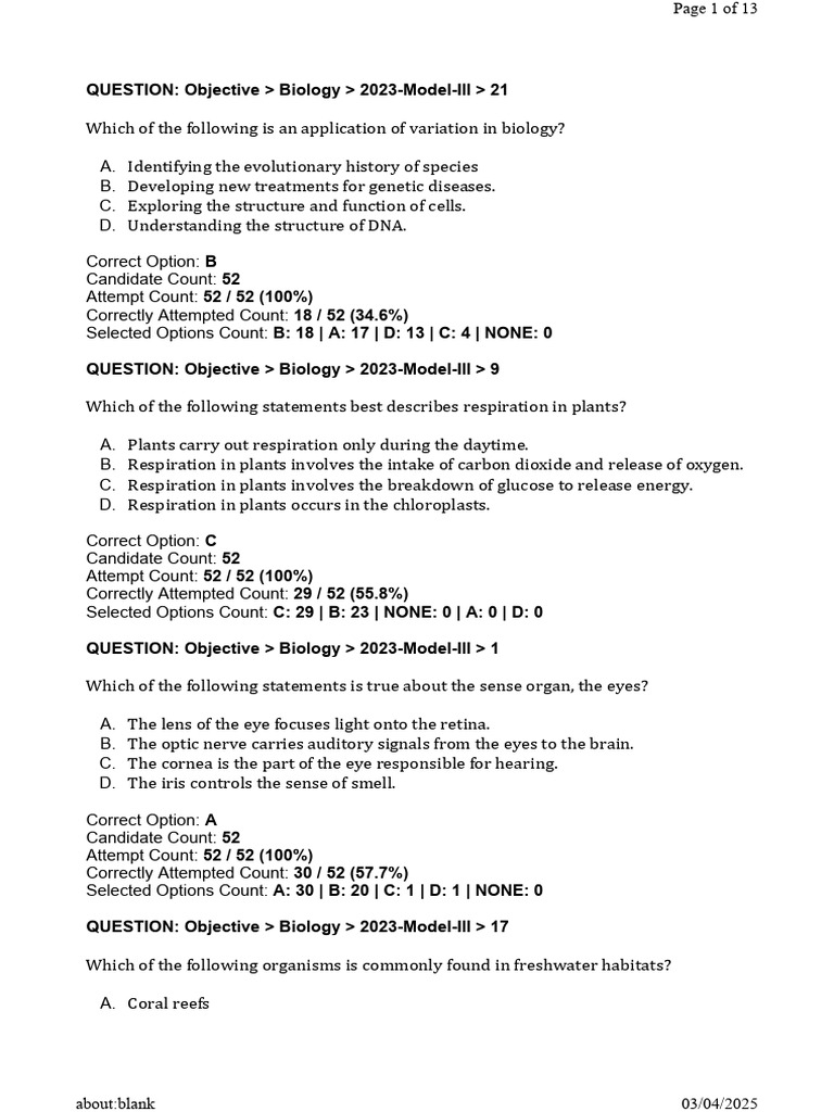 Biology Exam Questions 2023 Model III | PDF | Skeleton | Nutrition