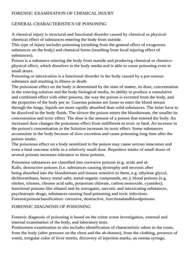 FORENSIC EXAMINATION OF CHEMICAL INJURY | PDF | Cyanide | Poison