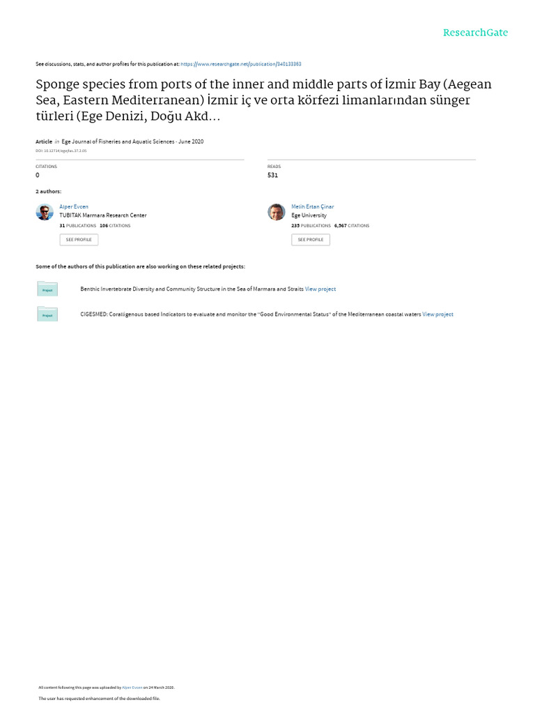 Evcen Nar 2020 SpongespeciesfromportsoftheinnerandmiddlepartsofzmirBay ...