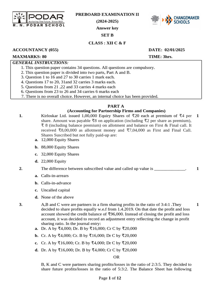 PB2 XII Acc QP SET B 2024-25 | PDF | Balance Sheet | Equity (Finance)