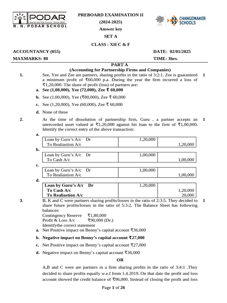 PB2 XII Acc AK SET A 2024-25 | PDF | Balance Sheet | Debits And Credits