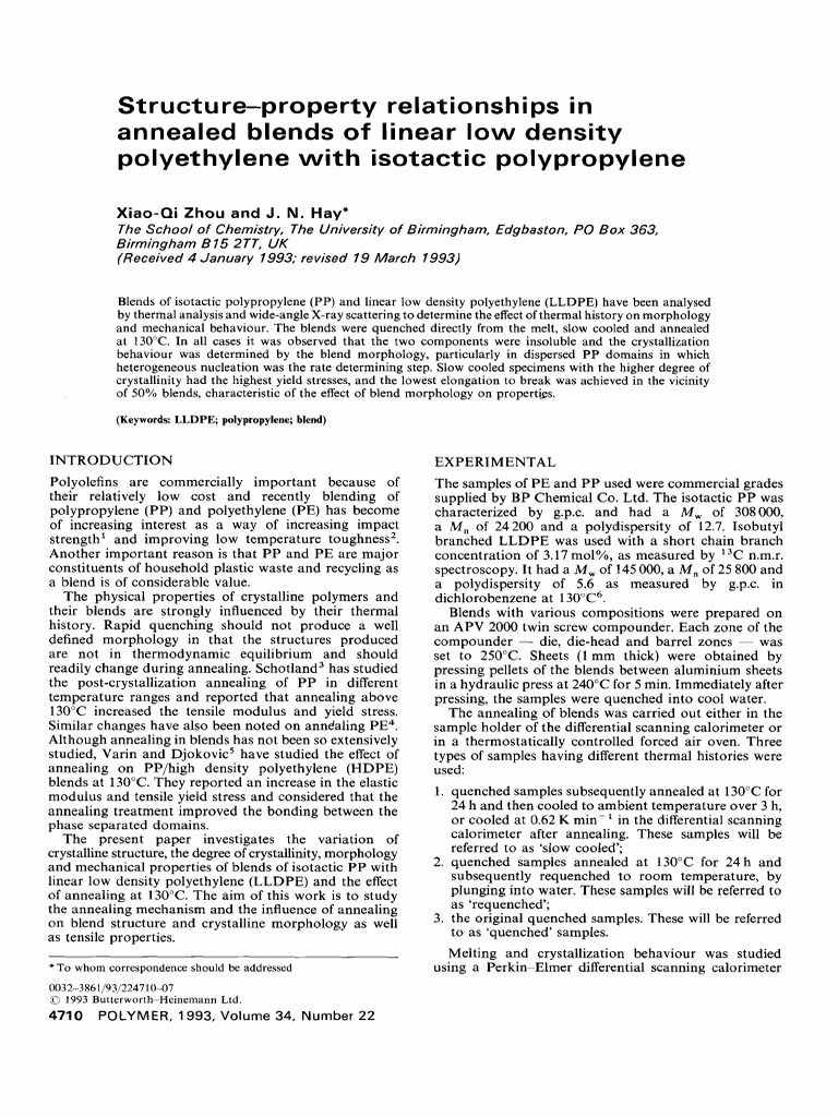 Structure-Property Relationships in Annealed Blends of Linear Low Density Polyethylene With ...
