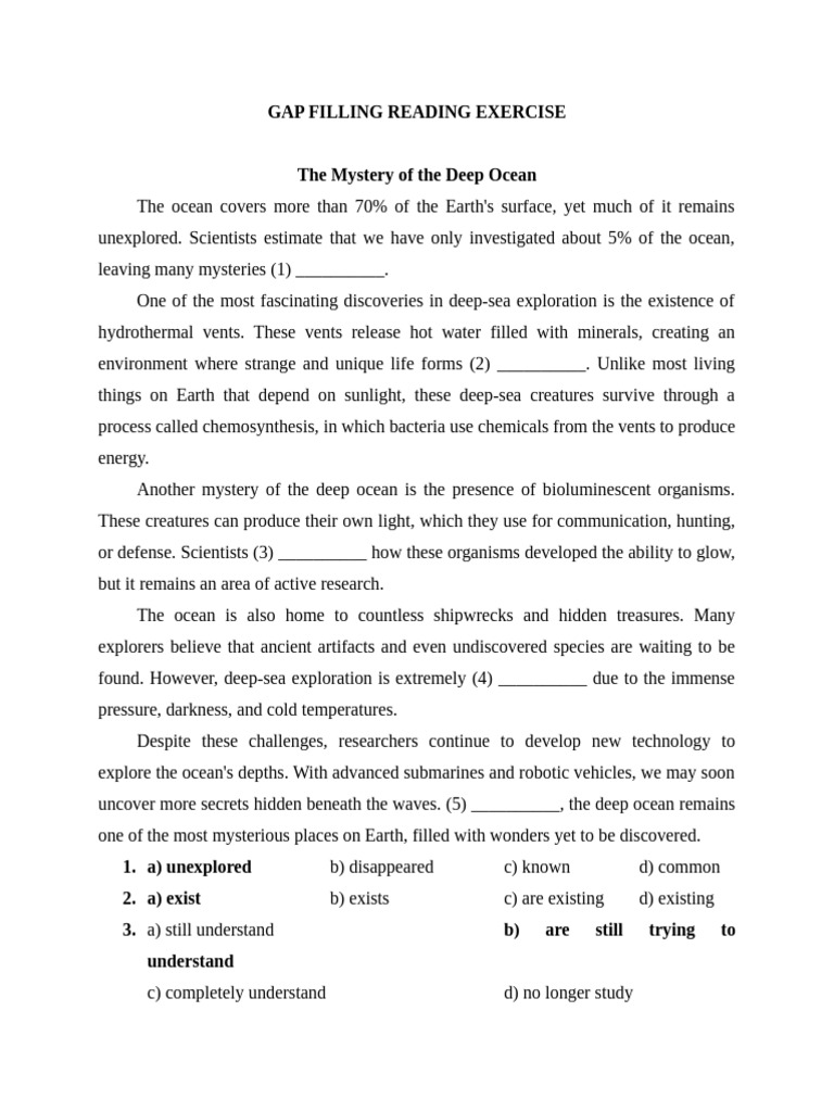 Gap Filling Reading Exercise | PDF | Sleep | Deep Sea