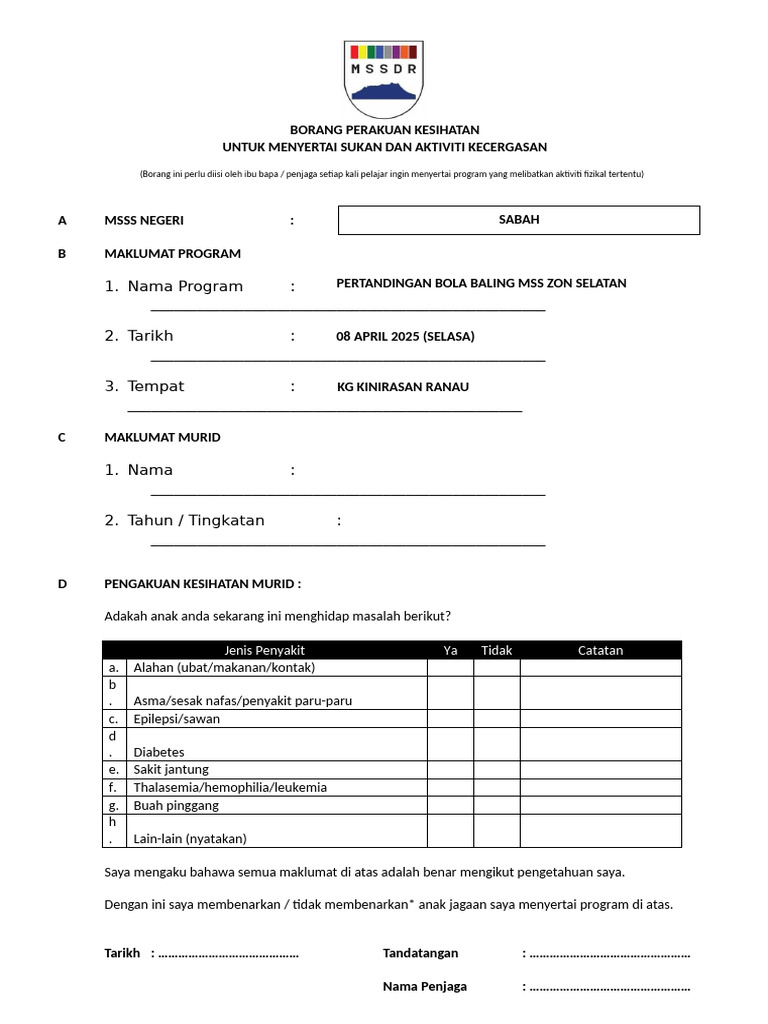 Borang Pengisythiran Kesihatan - Siap Edit | PDF