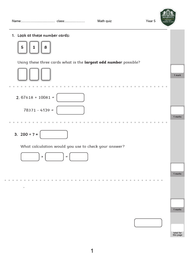 Year 5 Math Quiz 1 Answer Key | PDF | Elementary Mathematics ...