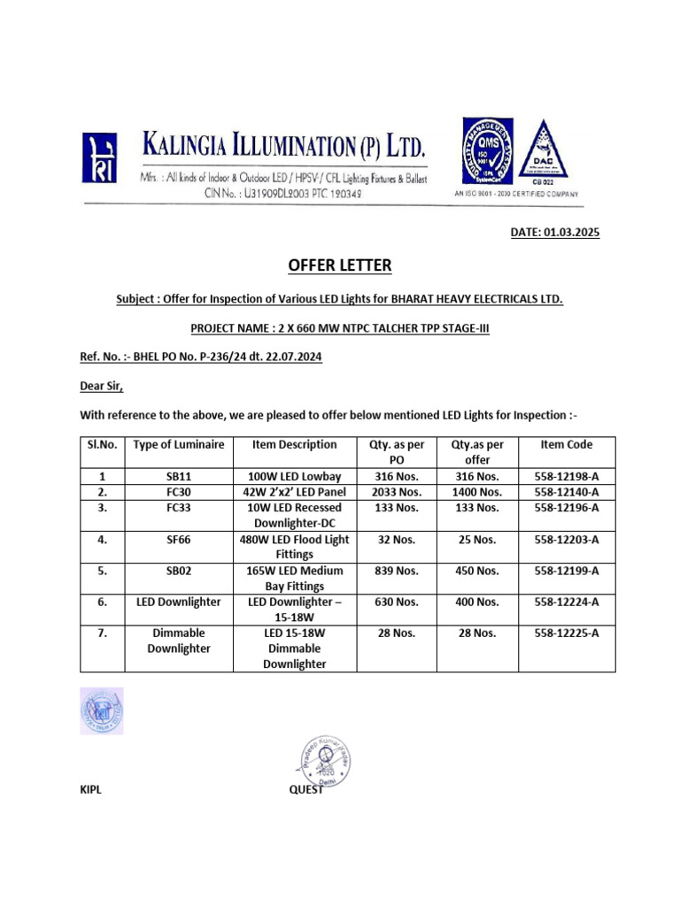 Inspection Call - Offer Letter - NTPC Talcher Project Dt. 01.03.2025 | PDF