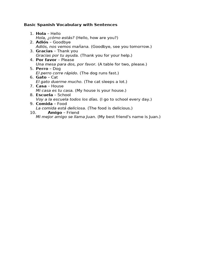 Basic Spanish Vocabulary With Sentences | PDF