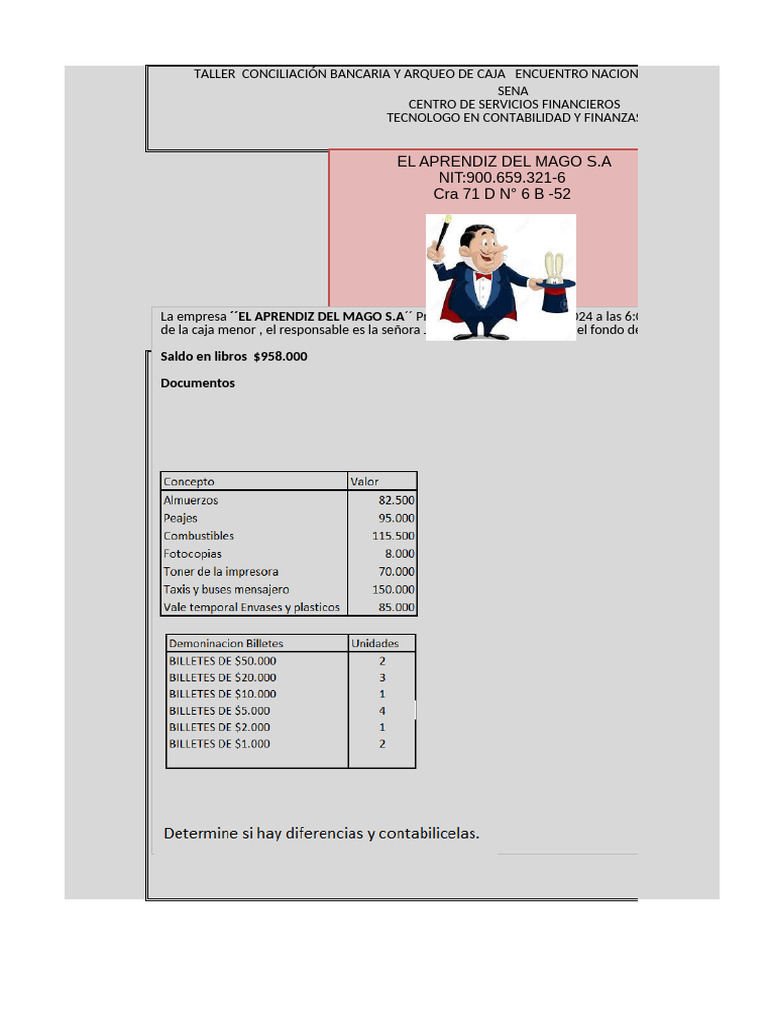 Ejercicio para Resolver Taller Conciliacion Bancaria y Arqueo de Caja 28082016 | PDF | Tarjeta ...