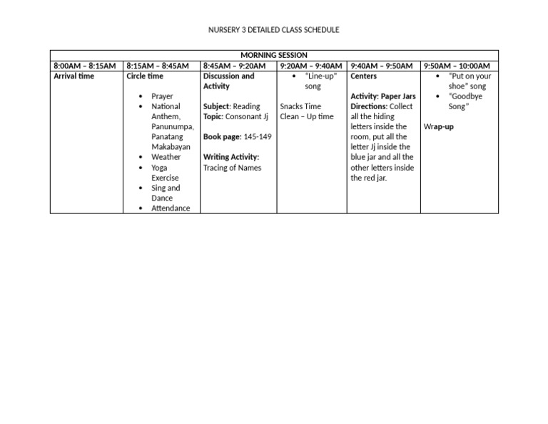 Nursery 3 Class Schedule Overview | PDF