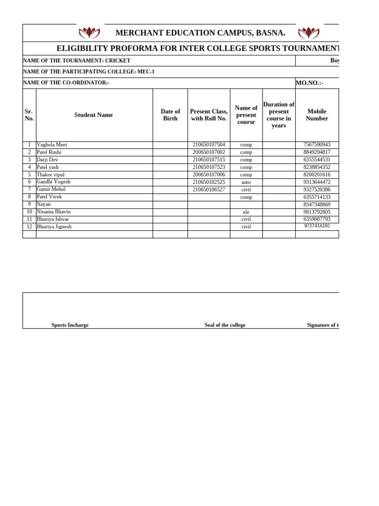 Cricket Tournament Eligibility Form | PDF