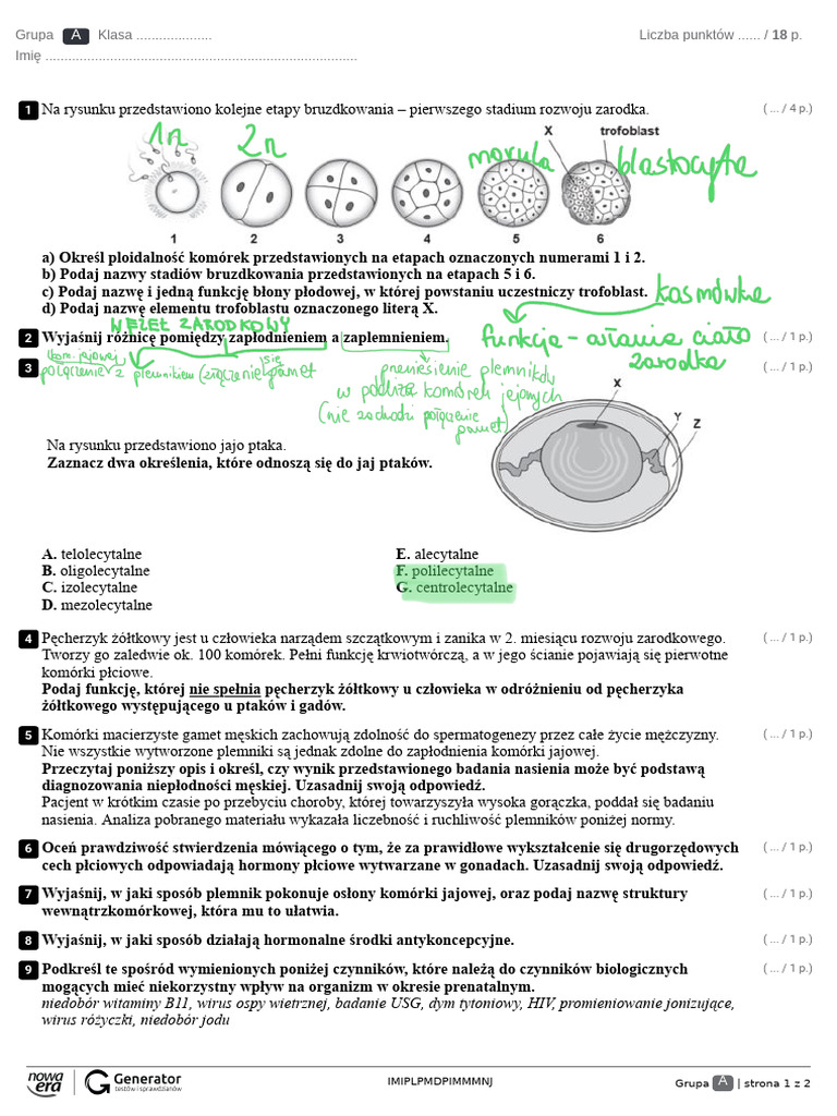 Test - R11 Rozmnażanie I Rozwój - w2 Test Z Widoczną Punktacją 2 | PDF