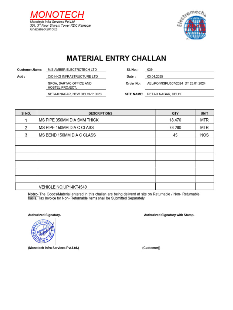 Material Entry Challan for Amber Electrotech | PDF