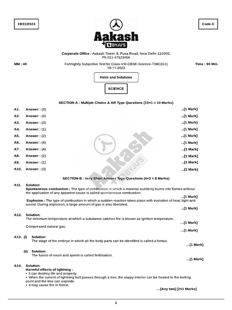 FST-8C (CBSE - G-1) Science (C-08) (19-11-2023) - SOL | PDF