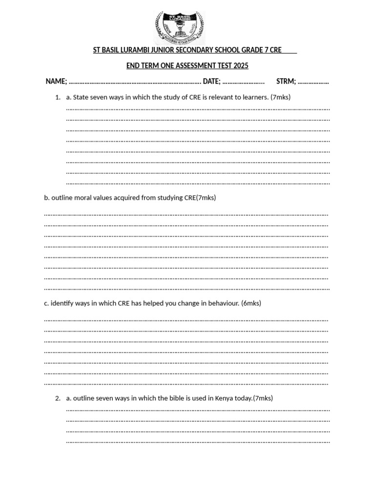 Grade 7 CRE Assessment Format 2025 | PDF