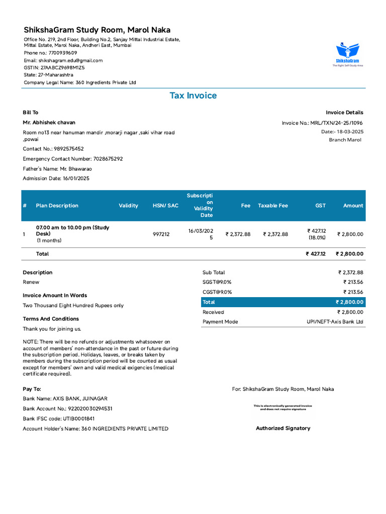 ShikshaGram Study Room Invoice Details | PDF | Taxation | Government ...