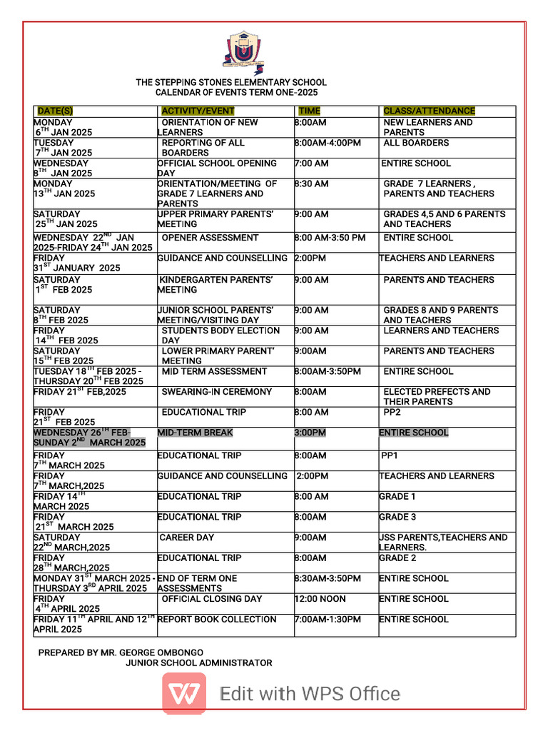 Stepping Stones School Term 1 Events 2025 | PDF
