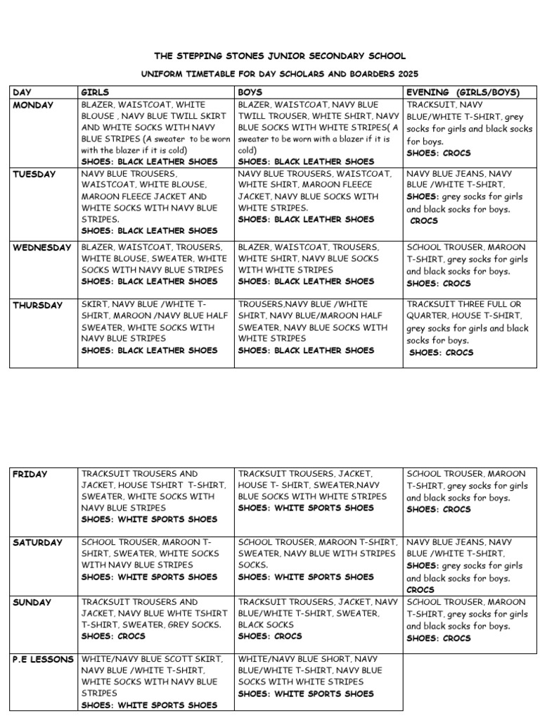 JSS Uniform Timetable 2025 | PDF | Sweater | Sock