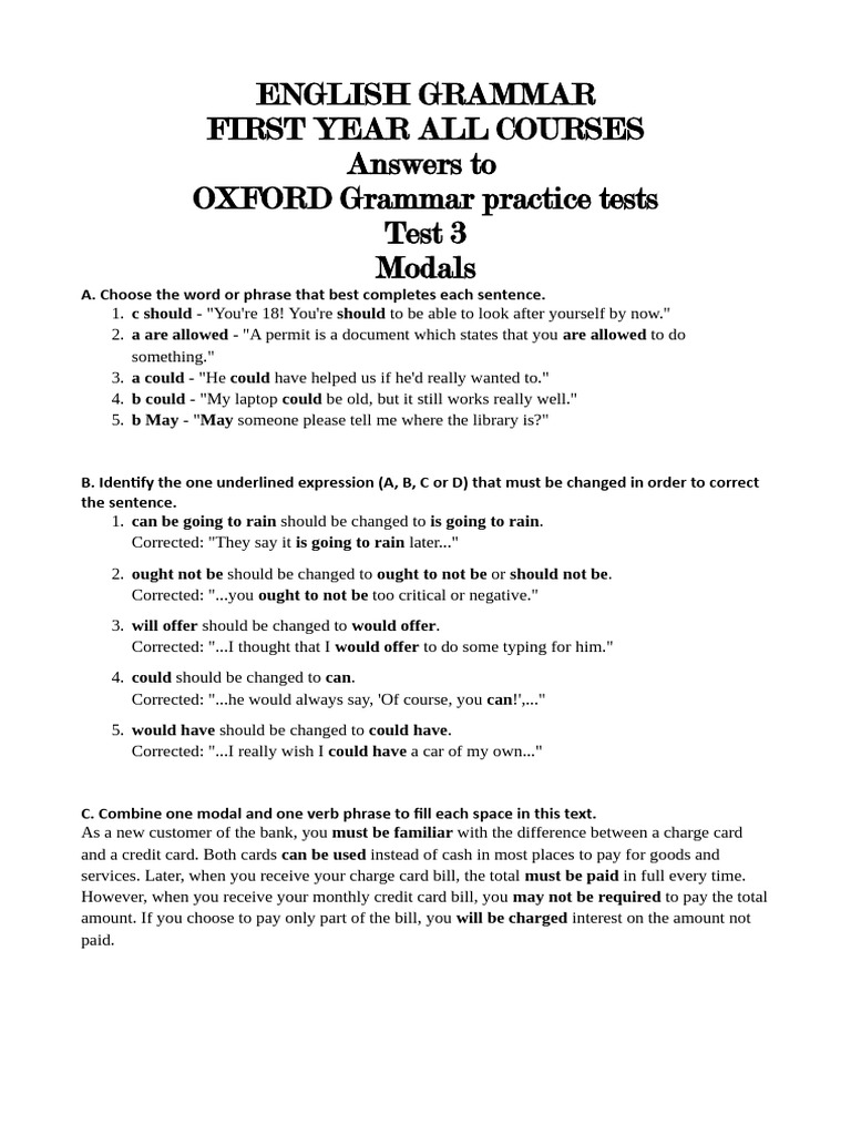 English Grammar Test Answers PDF | PDF | English Grammar | Phrase