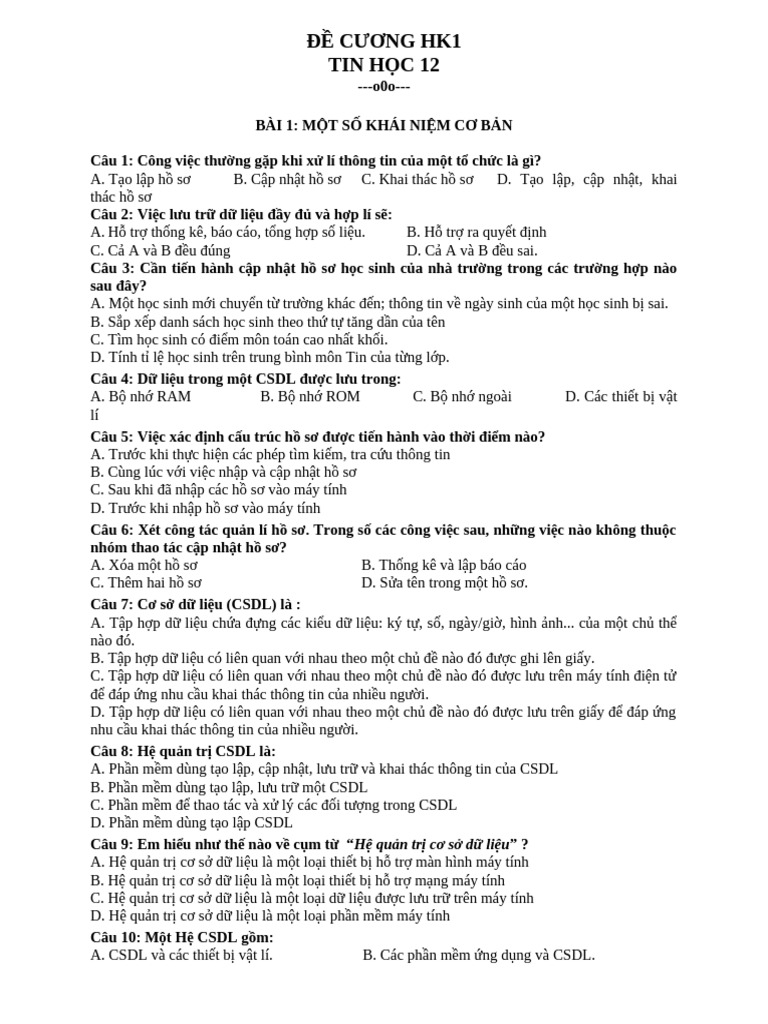 De Cuong TH12 Cuoi HK1 | PDF