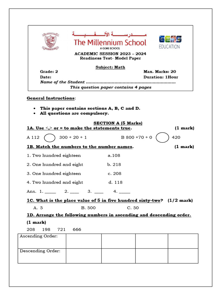 Grade 2 Math Readiness Test Answer Key | PDF | Mathematics | Arithmetic