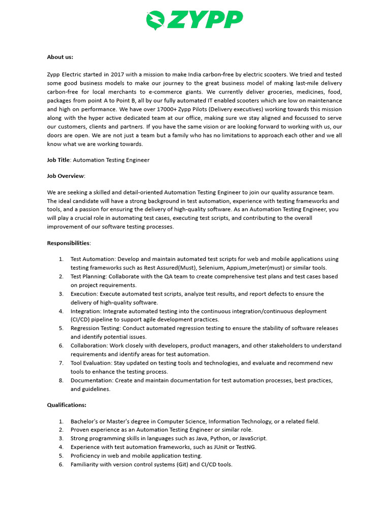Automation Testing Engineer - JD | PDF | Software Engineering ...