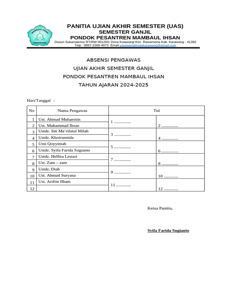 Absensi Pengawas Semester Ganjil 2024 - 2025 | PDF