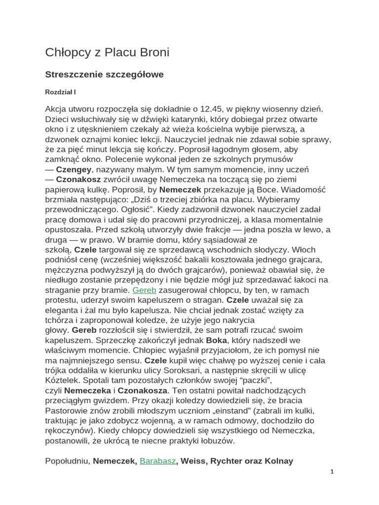 Chłopcy Z Placu Broni Streszczenie | PDF