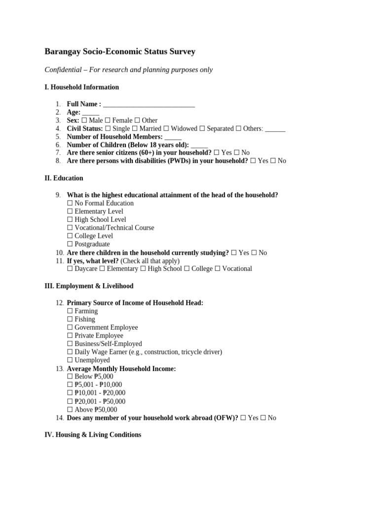 Barangay Socio-Economic Status Survey | PDF | Employment | Toilet