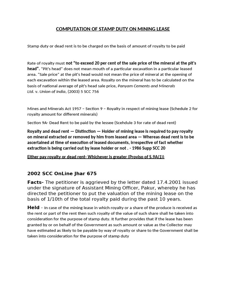 Dead Rent Calculation for Mining Leases | PDF