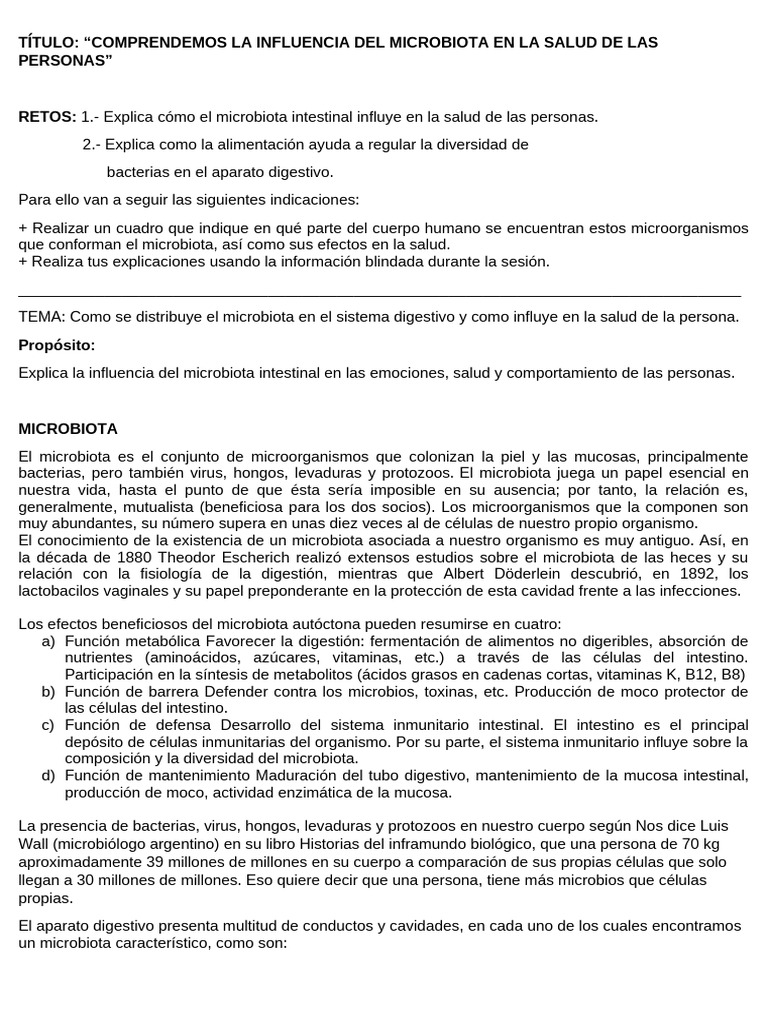 Comprendemos La Influencia Del Microbiota en La Salud de Las Personas | PDF | Sistema digestivo ...